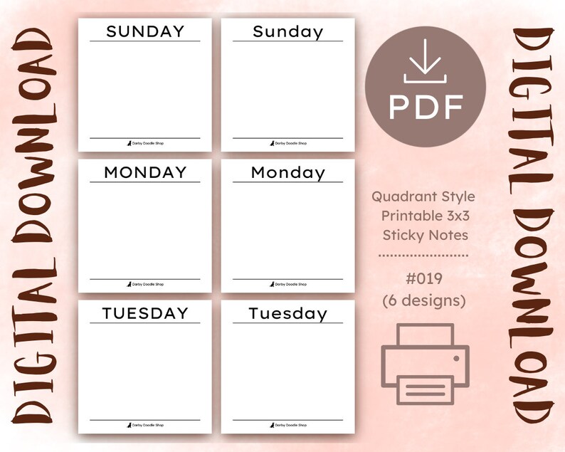 DIGITAL DOWNLOAD Days of the Week Printable Sticky Notes 019 - Etsy