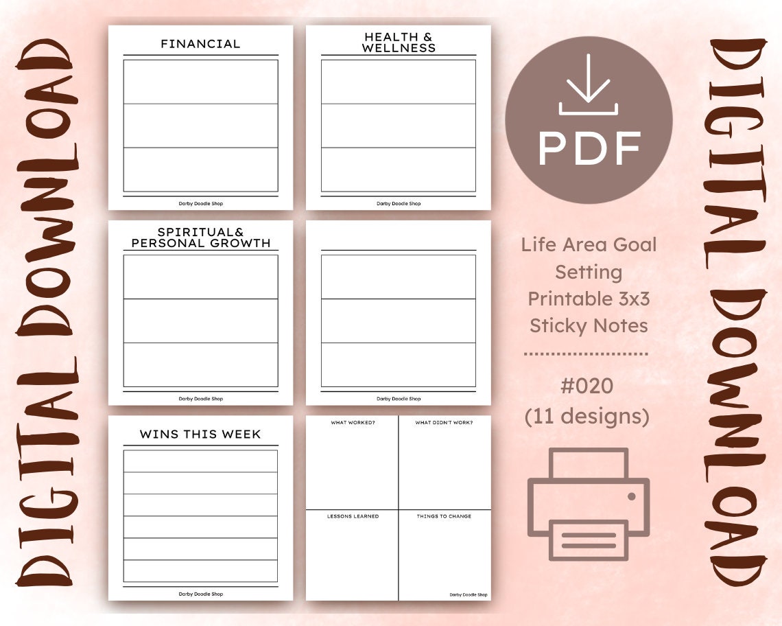 DIGITAL DOWNLOAD Life Area Goal Setting Planning Printable Sticky Notes ...