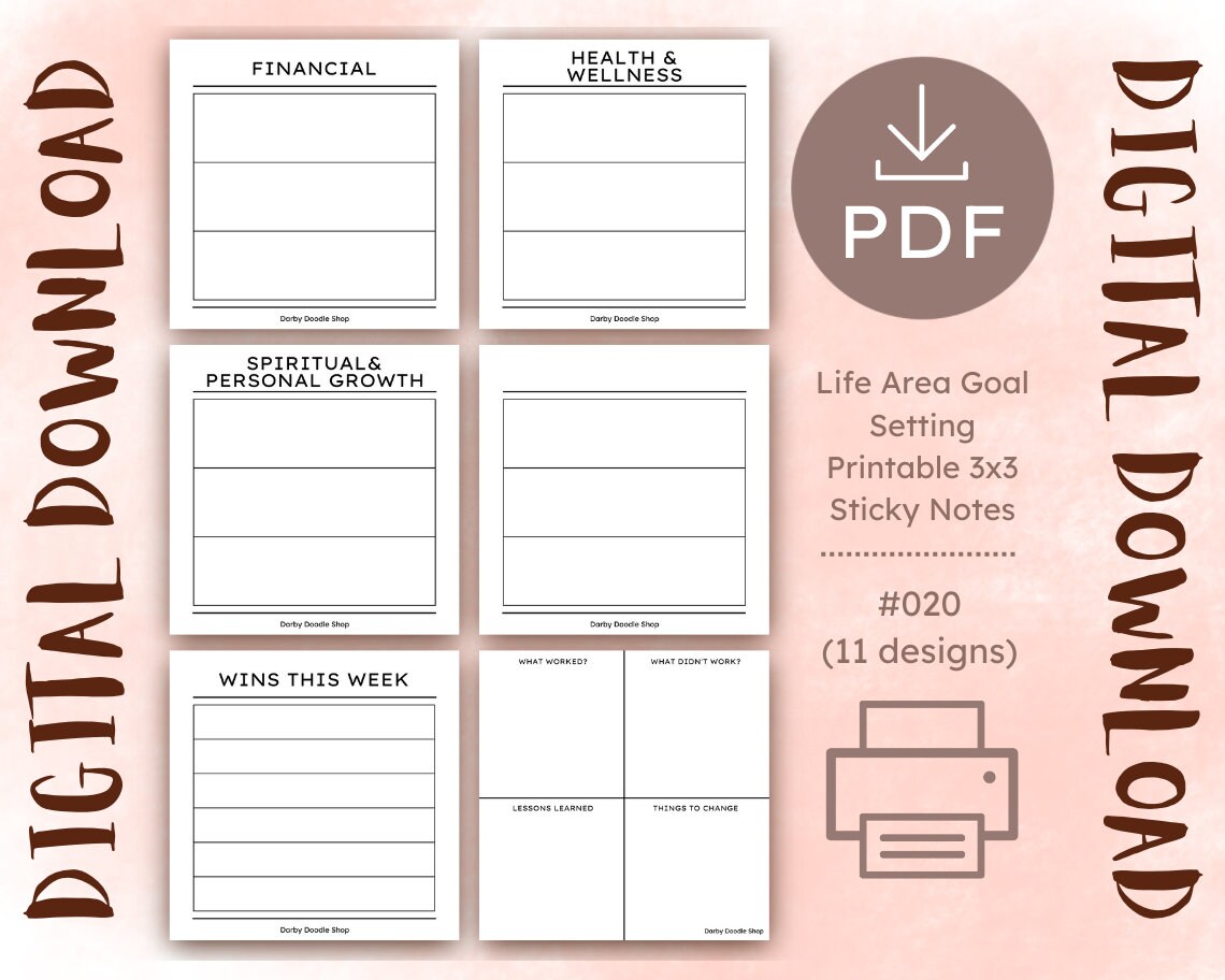 DIGITAL DOWNLOAD Life Area Goal Setting Planning Printable Sticky Notes ...