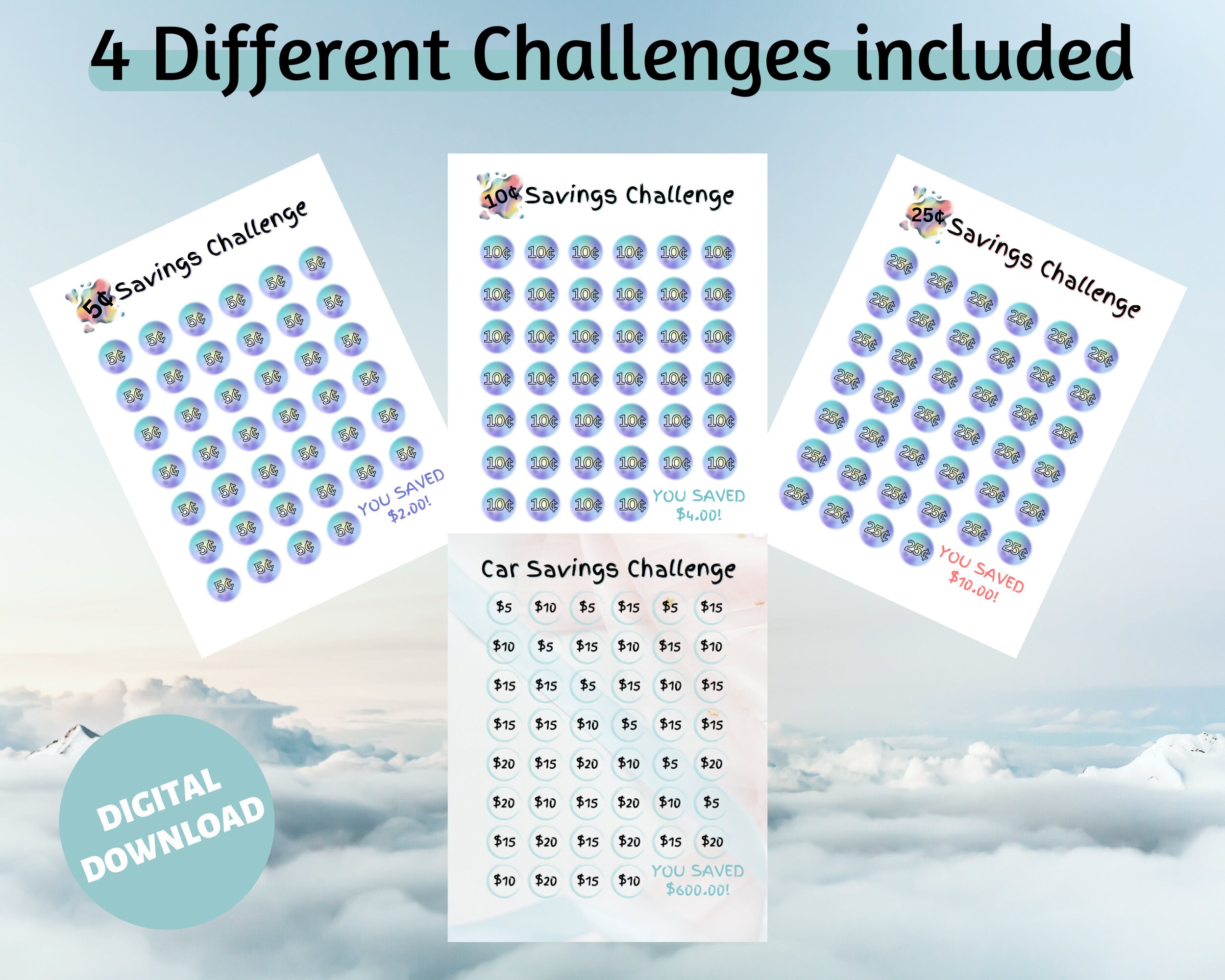 Printable Kids Savings Challenge Set. 5 Cent, 10 Cent, 25 Cent, and Car ...