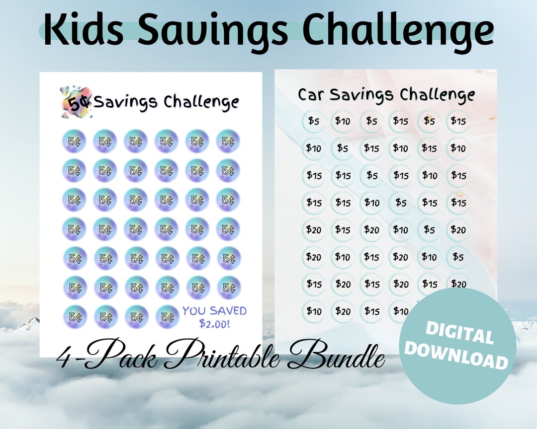 Printable Kids Savings Challenge Set. 5 Cent, 10 Cent, 25 Cent, and Car ...