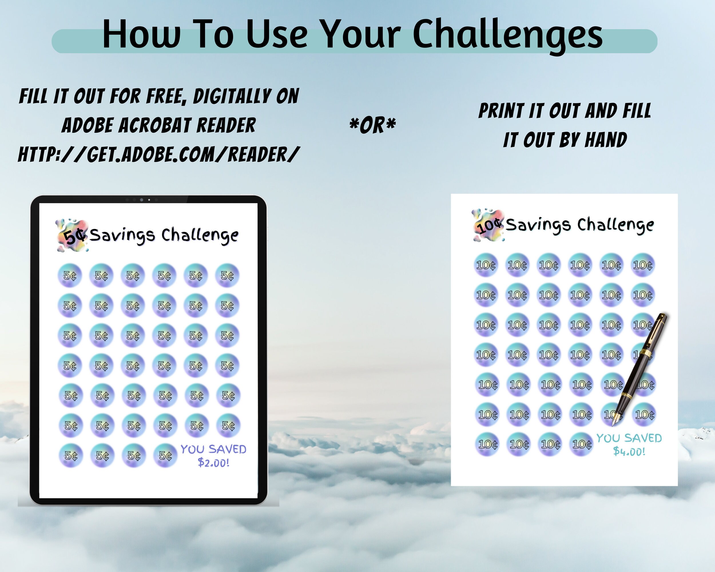 Printable Kids Savings Challenge Set. 5 Cent, 10 Cent, 25 Cent, and Car ...