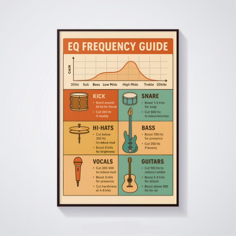 EQ Frequency Guide, Audio Mixing Cheat Sheet Poster, Frequency Spectrum ...