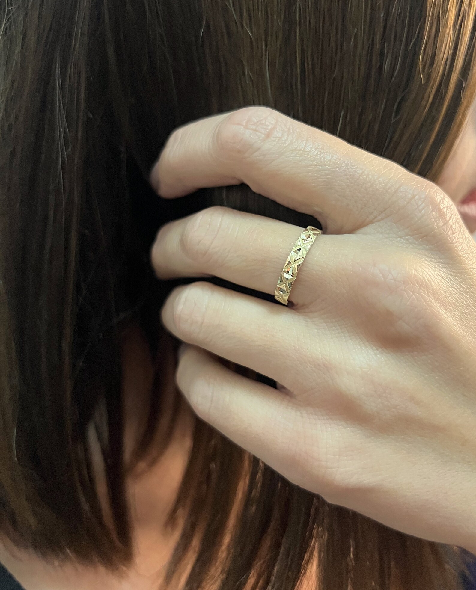 14k Solid Gold Sparkle Cut Ring, Herringbone Ring, Diamond Cut Gold ...