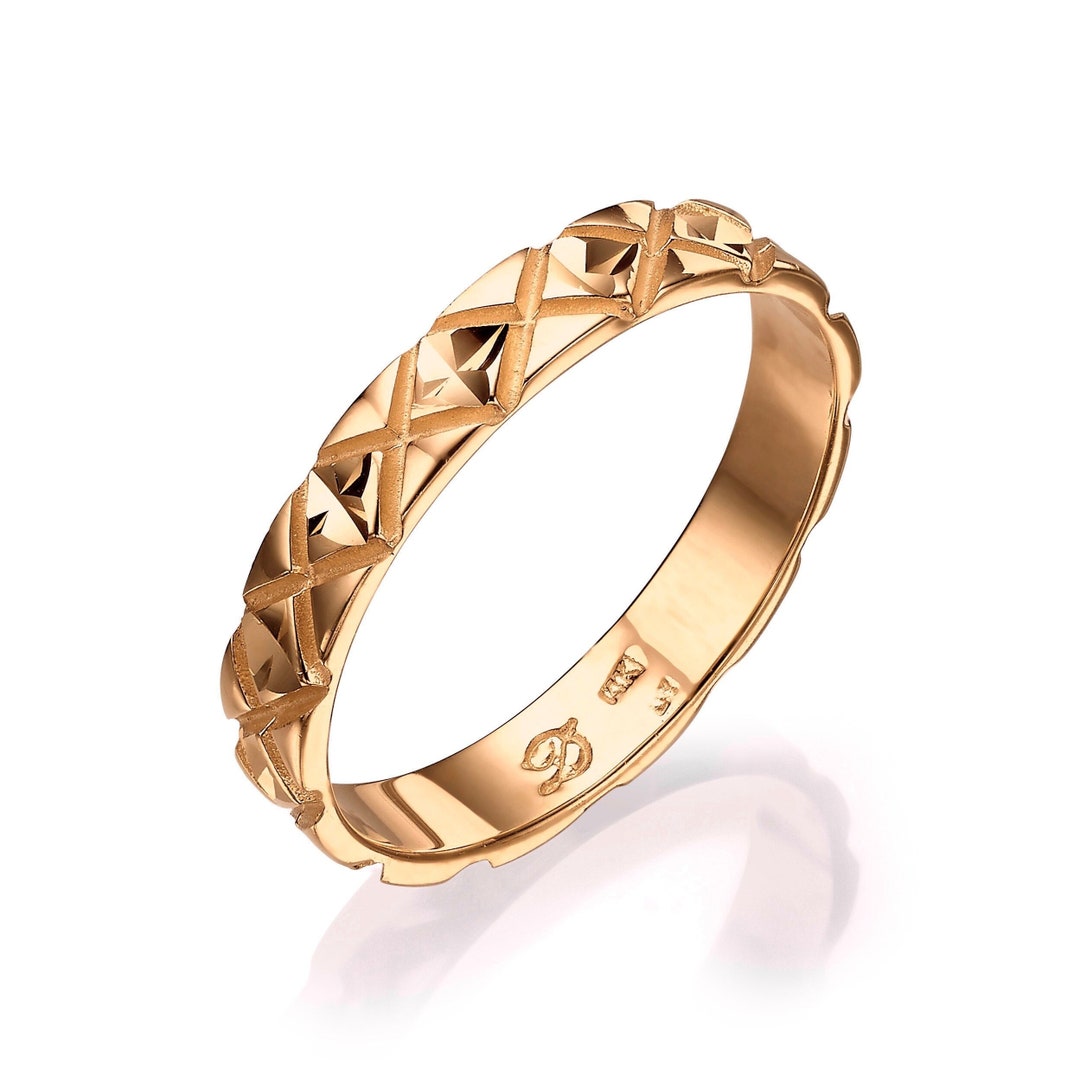 14k Solid Rose Gold Herringbone Ring, Sparkle Cut Ring, Diamond Cut ...