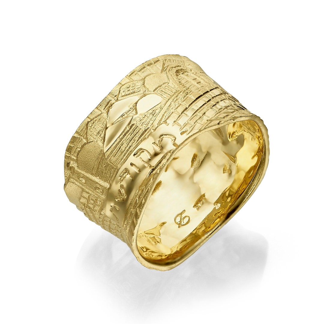 14k Solid Gold Jerusalem Jewish Ring, Wide Band Ring, Judaica Wedding ...