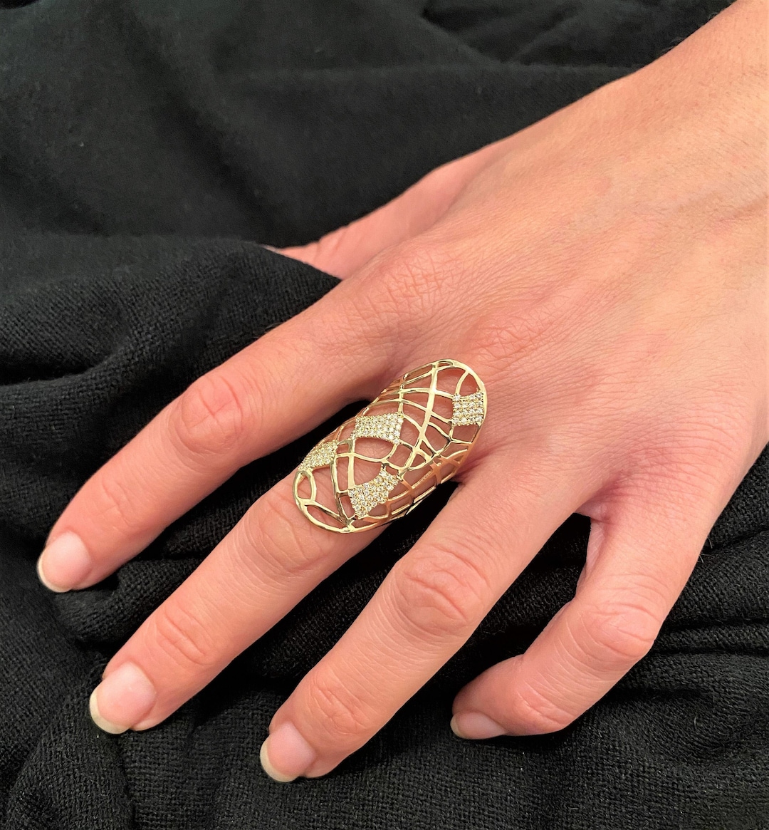 Full Finger Ring, Wide Diamond Ring, 14K Solid Gold Lace Ring, Wide ...