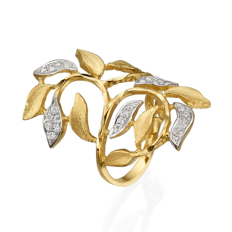 14k Solid Gold Full Finger Leaf Ring Gentle Textured Set With - Etsy