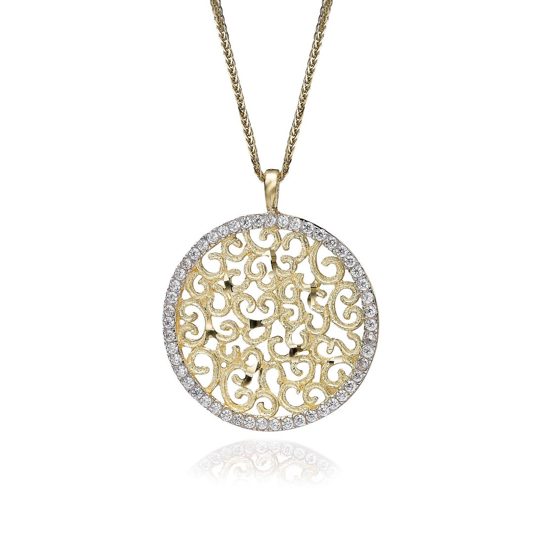 14K Solid Gold Lace Design Pendant, Gold Medallion Pendant for Women ...