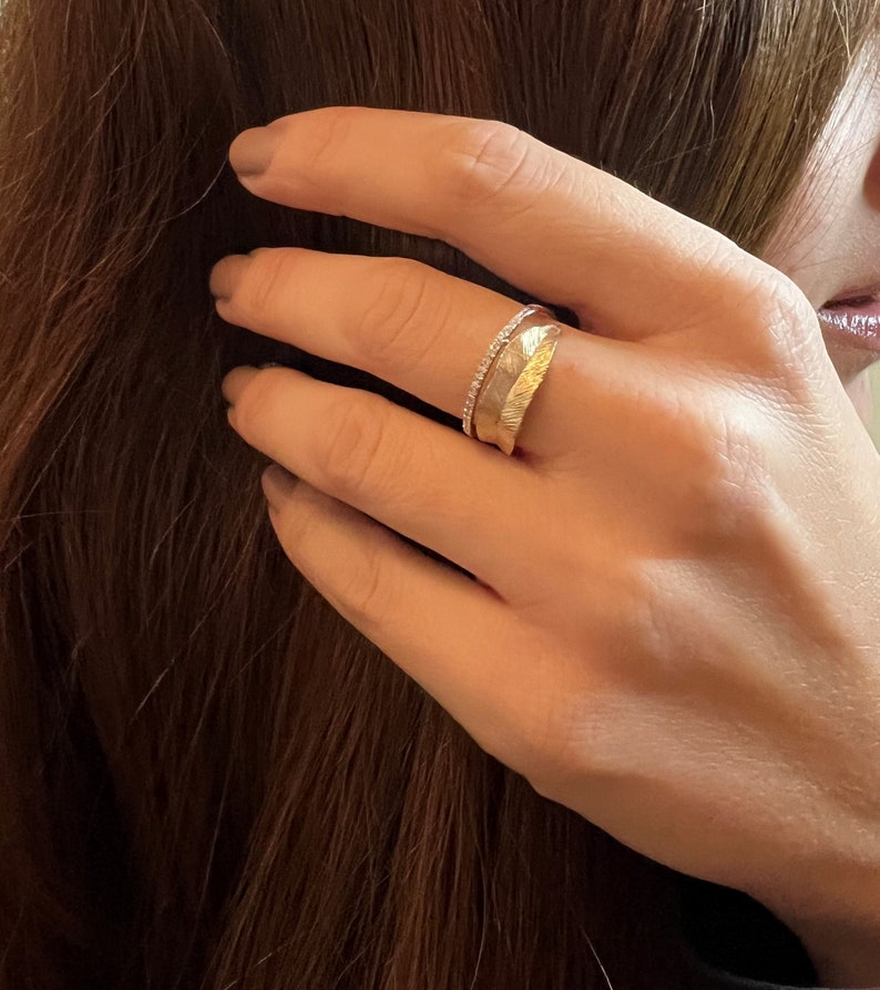 14k Solid Gold Leaf Diamonds Ring, Leaves Ring, Branch Ring, Gentle Textured, Stackable Rings ...