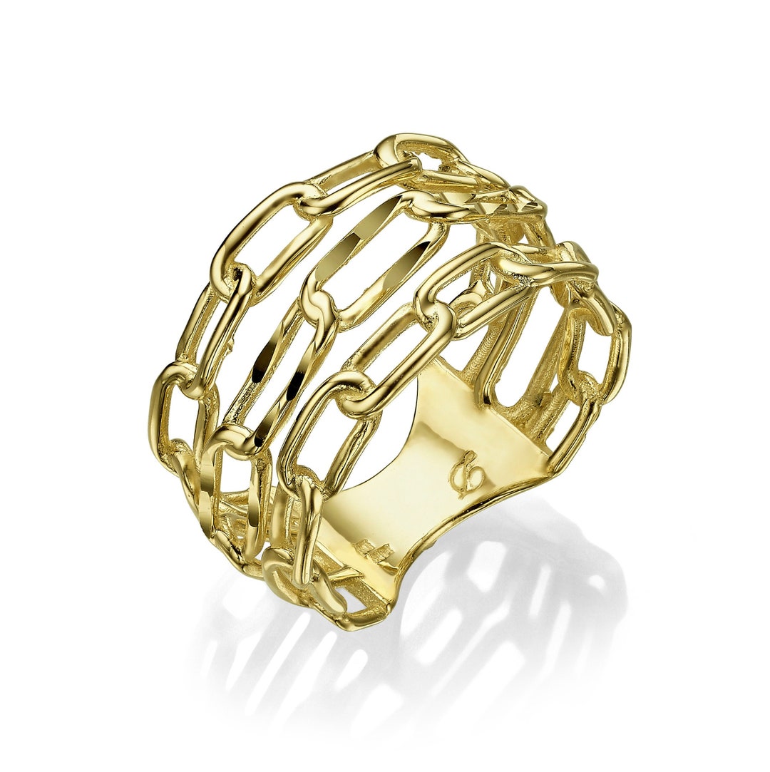 14K Solid Gold Paperclip Loops Ring, Unique Design Wide Link Band ...