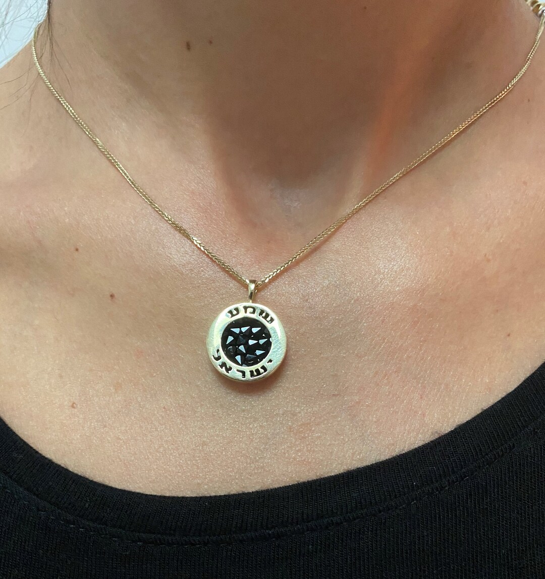 14k Gold Shema Israel Necklace, Black Swarovski, Hebrew Necklace ...