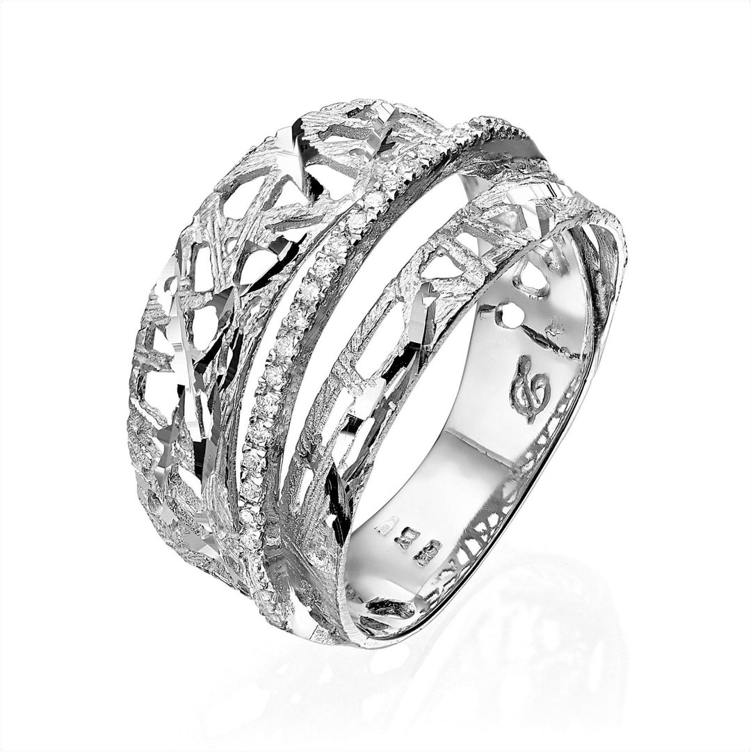 14K Gold Squiggle Ring, Chunky Celtic Ring, Diamonds Wedding Wide Band ...