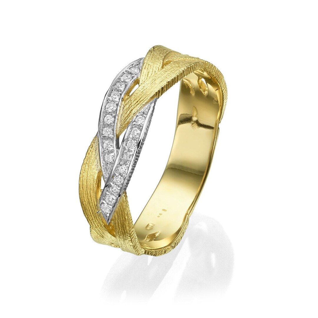 14k Solid Gold Crossover Diamond Ring, Gold Texture Ring, Braided ...