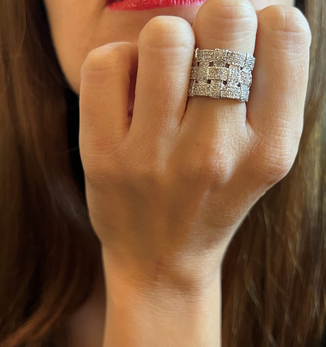 14k White Gold Basket Weave Diamond Ring, Triple Row Diamond Ring ...
