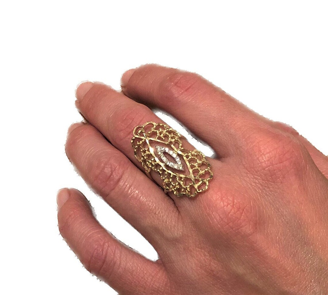 14k Solid Gold Ring, Inlaid Diamond Ring,filigree Design Ring, Full ...