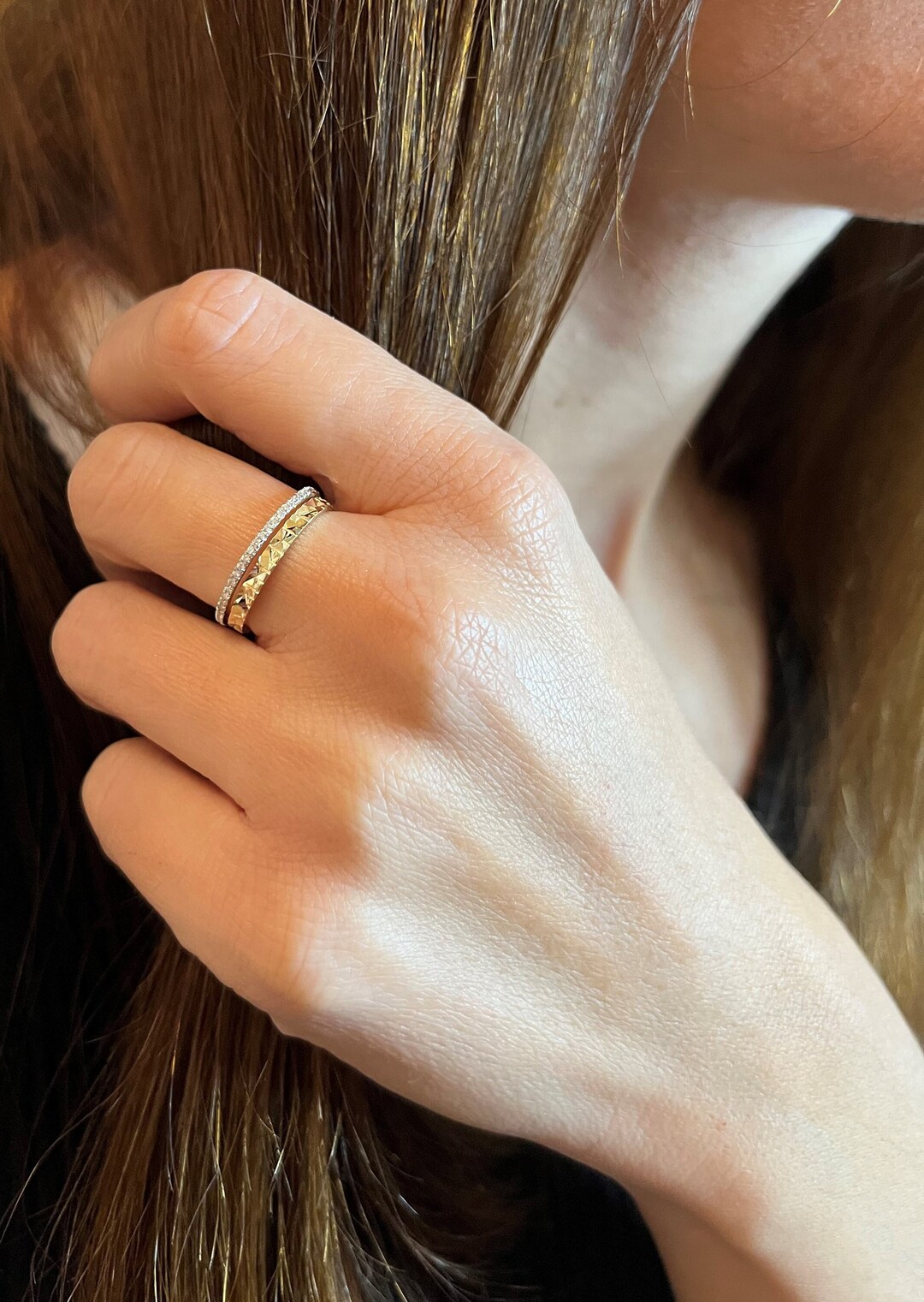 Diamond Double Band Wedding Ring, 14k Solid Gold Half Eternity Ring ...