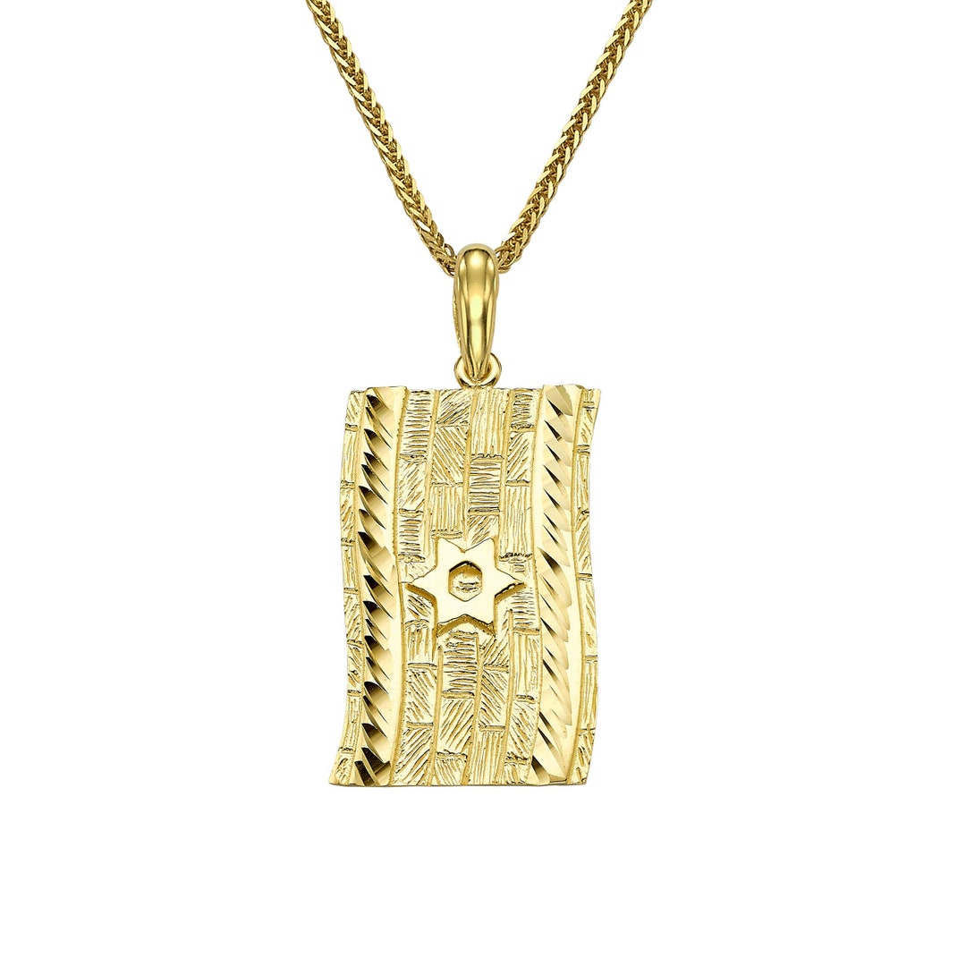 14K Solid Gold Israel Flag Pendant With Star of David, Jerusalem Walls ...