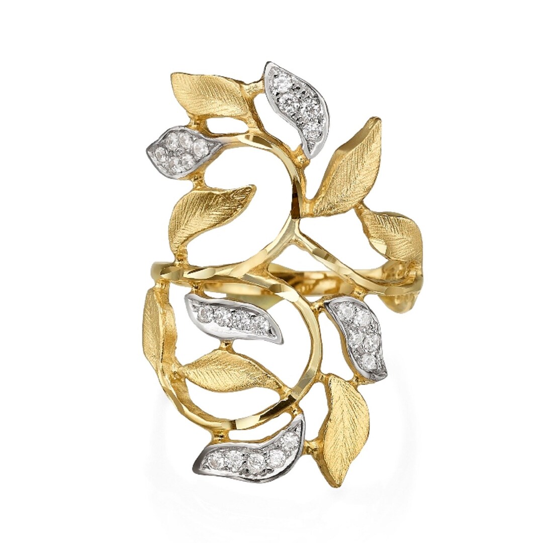 14K Gold Branch Ring, Gold Diamonds Ring, Leaf Ring, Full Finger Ring ...