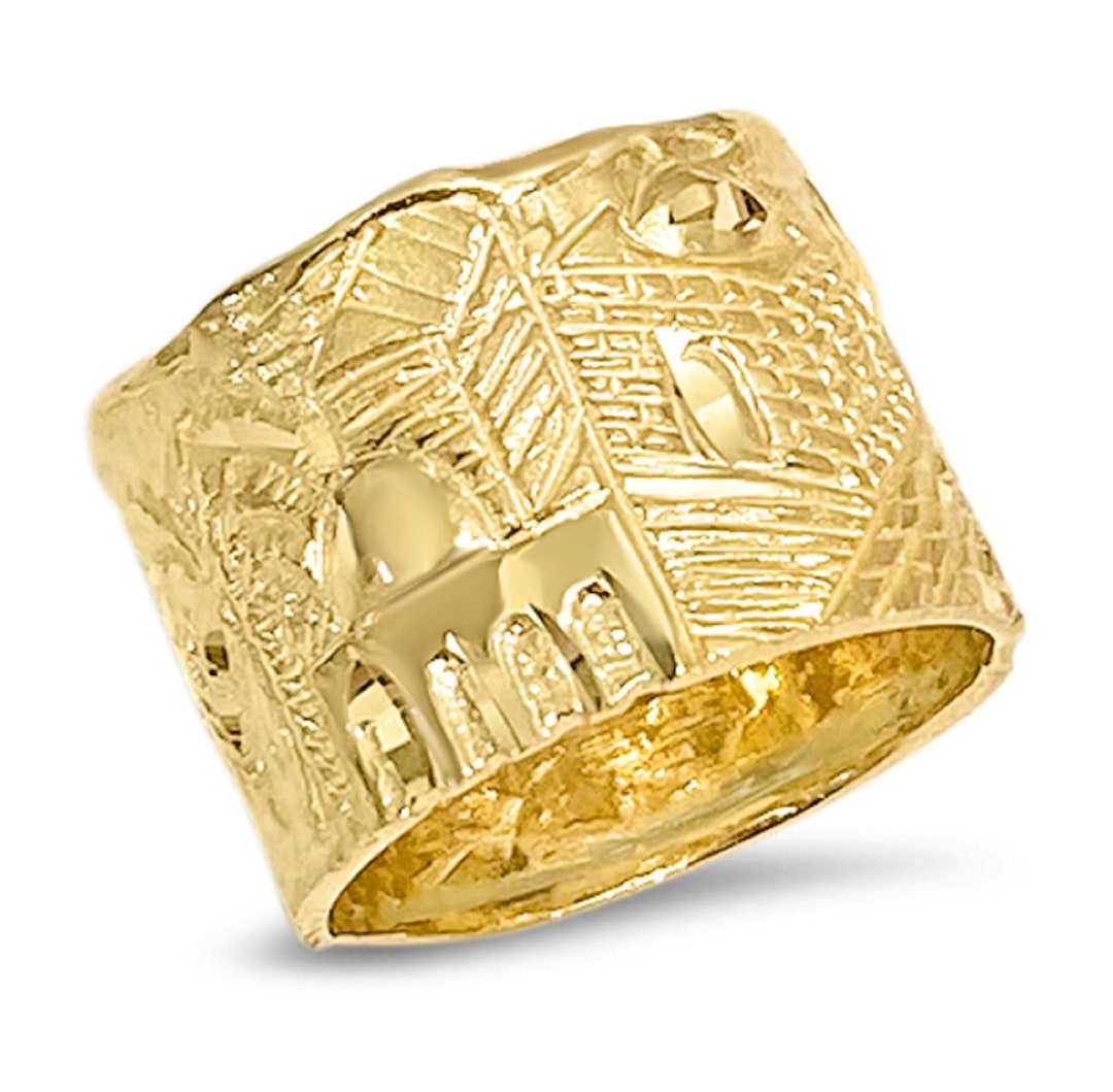 14 Karat Gold Jerusalem Ring, Jewish Wedding Ring, Wide Band Ring ...