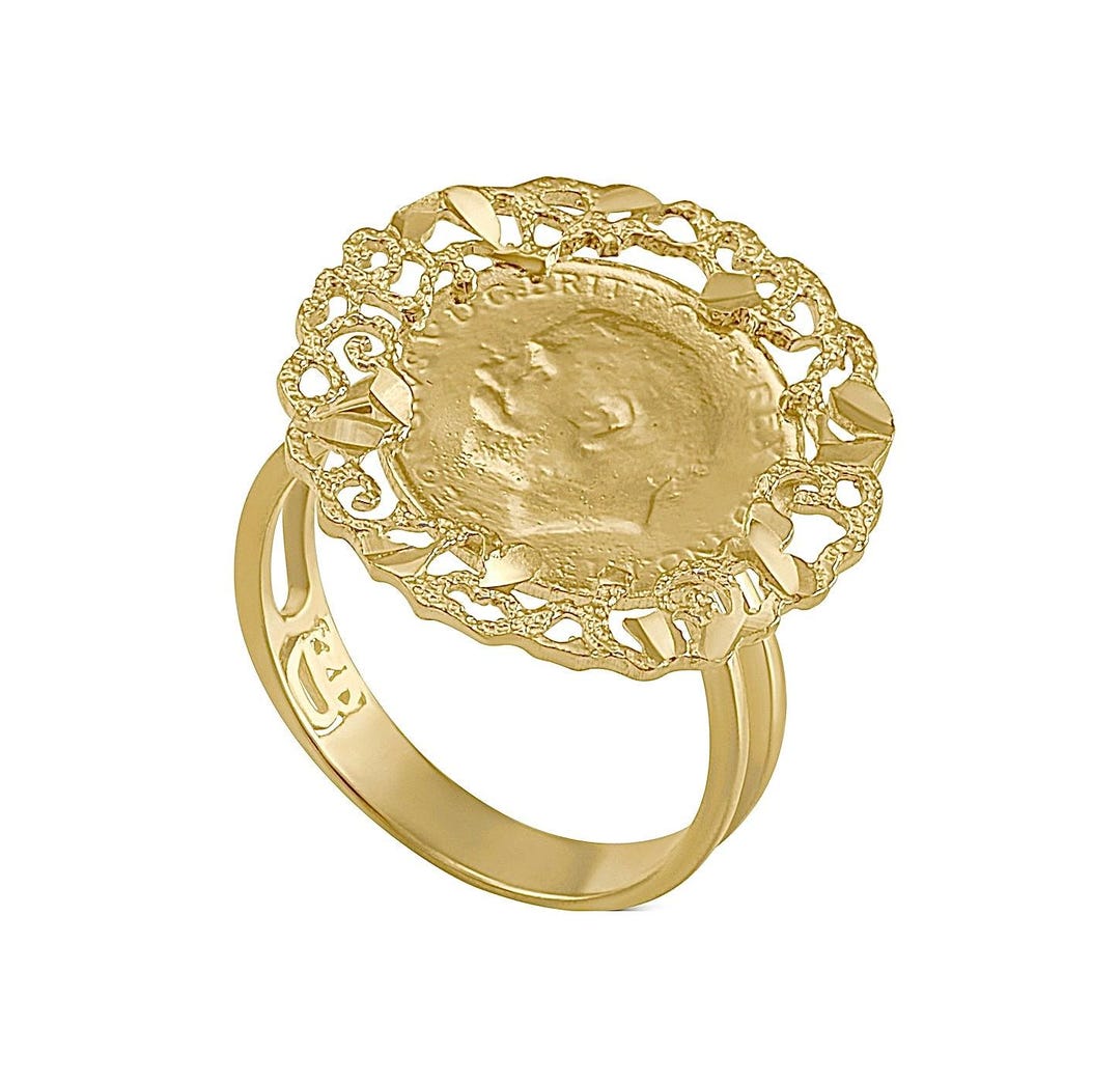 14k Solid Gold Coin Ring, Vintage Lace Frame Ring, Gold Signet Ring ...