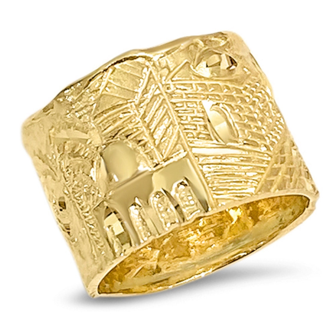 14 Karat Gold Jerusalem Ring Jewish Wedding Ring Wide Band | Etsy