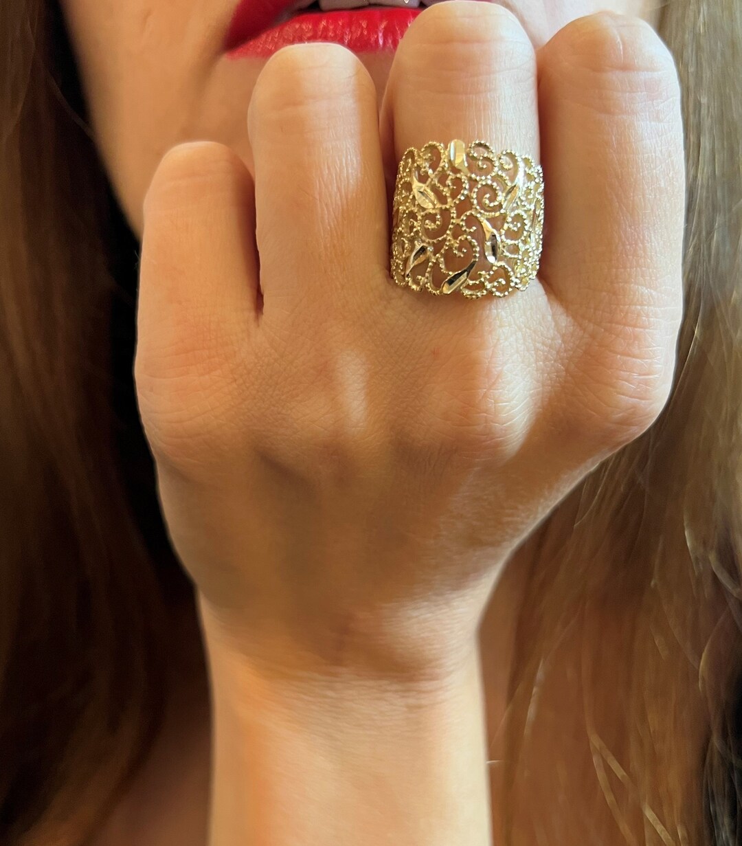14K Gold Lace Ring, Gold Filigree Band Ring, Gold Vintage Ring ...