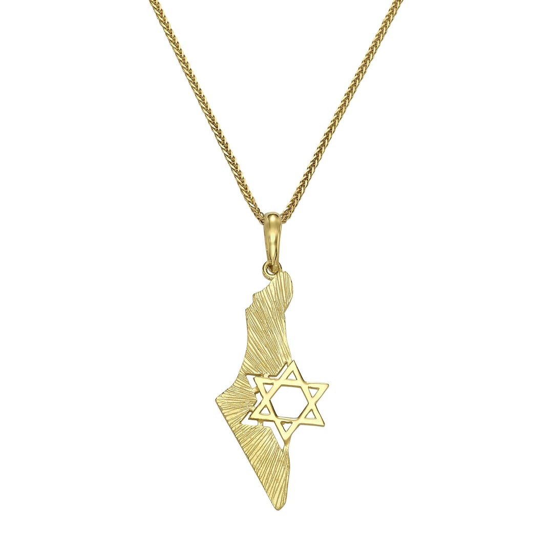 14K Solid Gold Map of Israel Pendant With Star of David, Jewish Jewelry ...