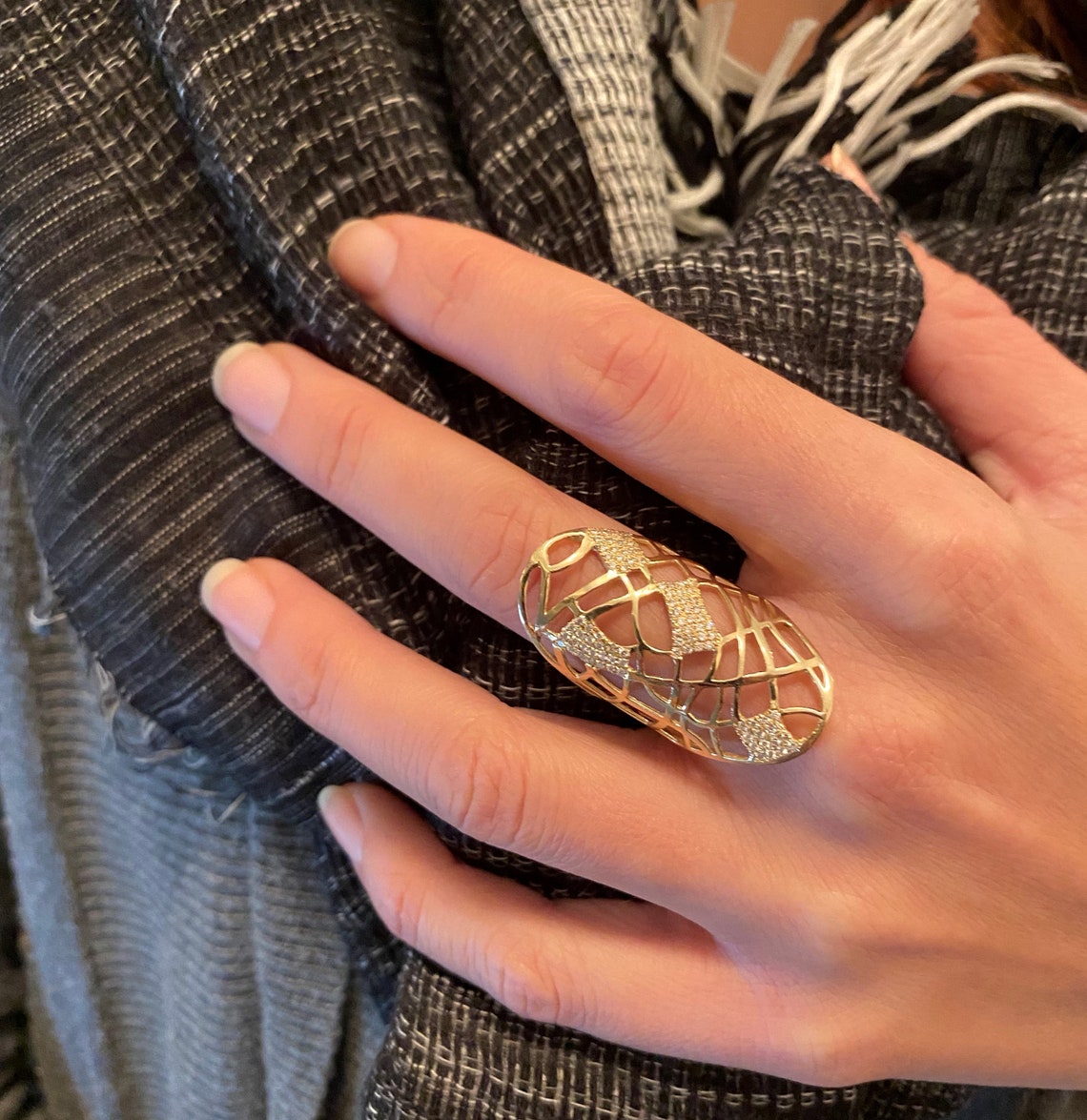 14k Solid Yellow Gold Full Finger Ring Artistic Mesh Pave - Etsy UK