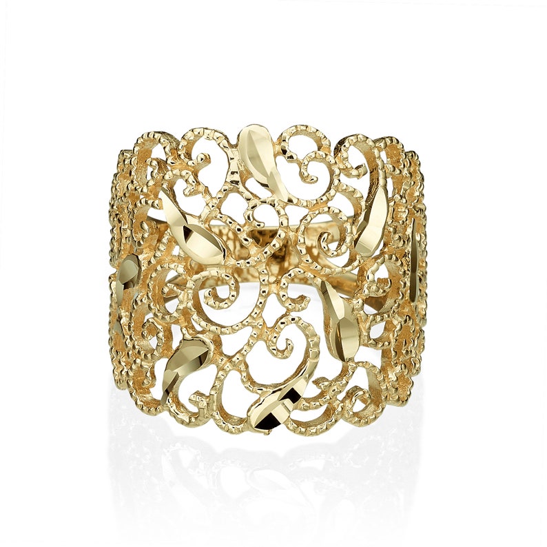 14K Gold Filigree Ring, Ornate Lace Ring, Vintage Style Ring, Boho Gold ...
