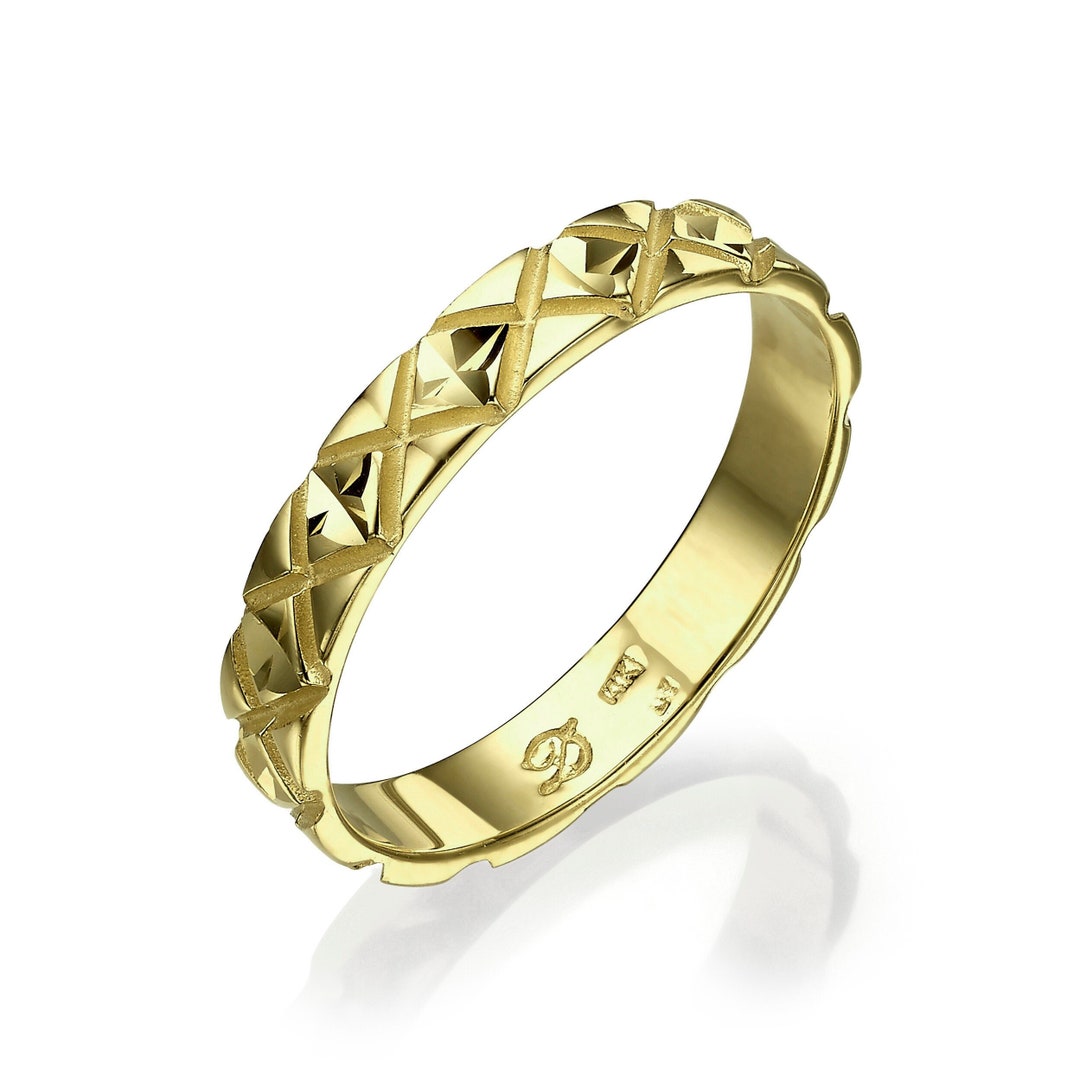 14k Solid Gold Sparkle Cut Ring, Herringbone Ring, Diamond Cut Gold ...