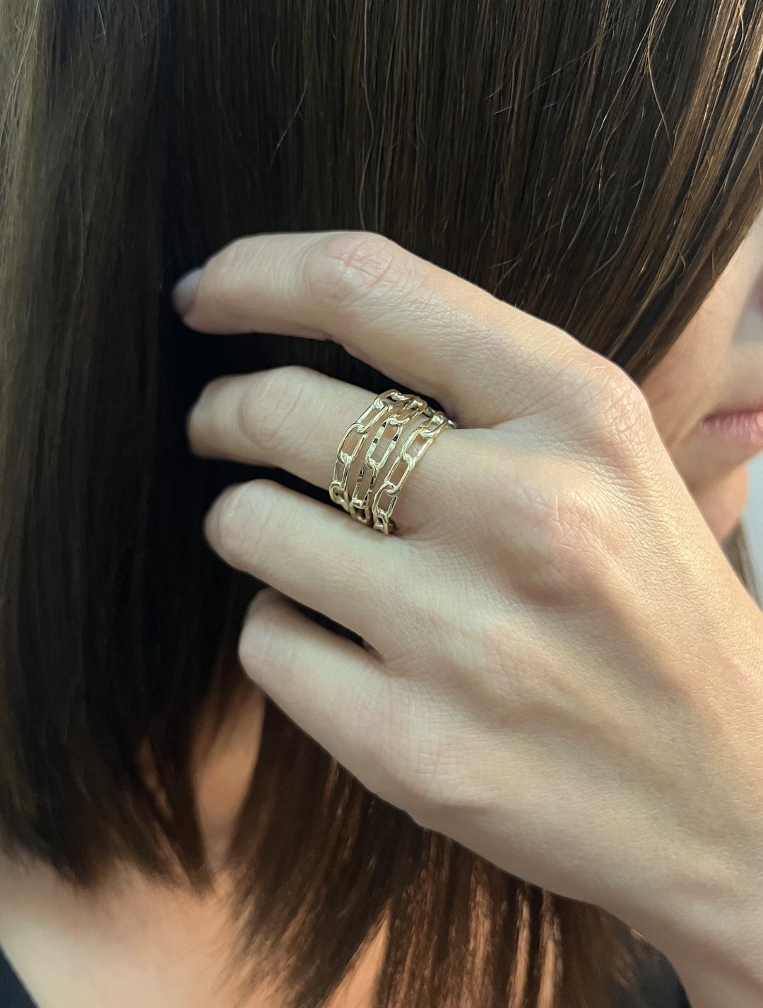 14K Solid Gold Circles Three Row Loop Ring, Unique Design Wide Link ...