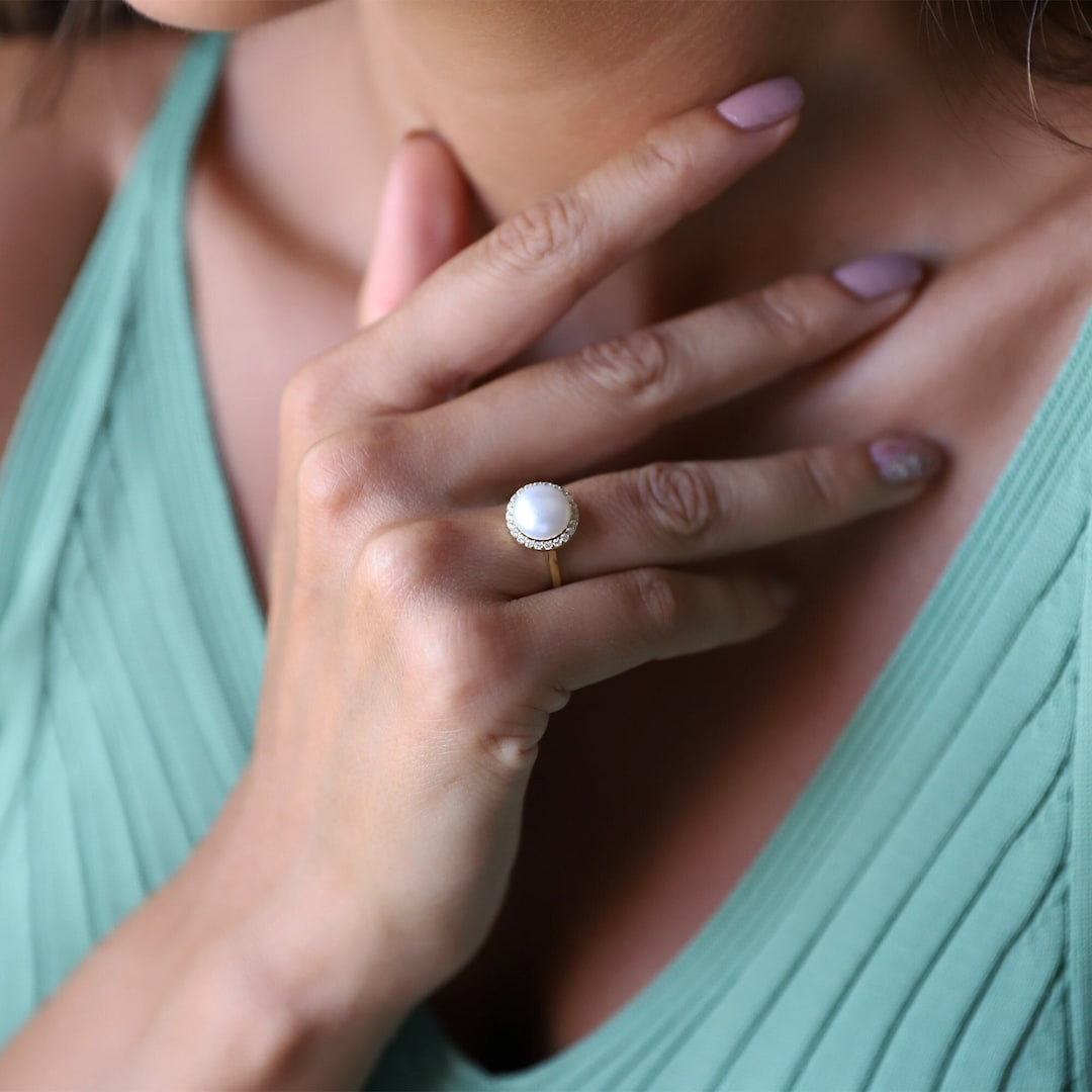 Handmade Gold Freshwater Pearl Ring: Sterling Silver CZ Diamond Halo - Etsy