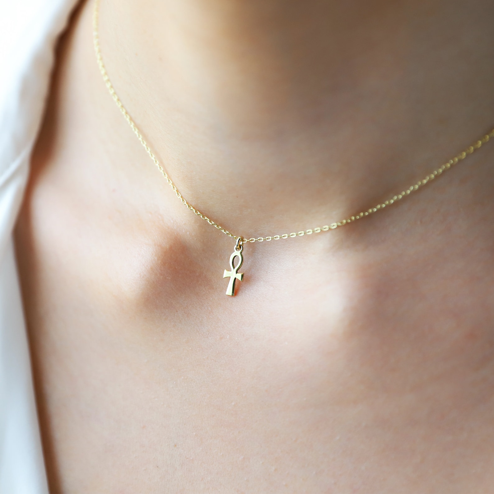 Handmade 14K Solid Gold Minimal Ankh Necklace, Tiny Ancient Egyptian ...