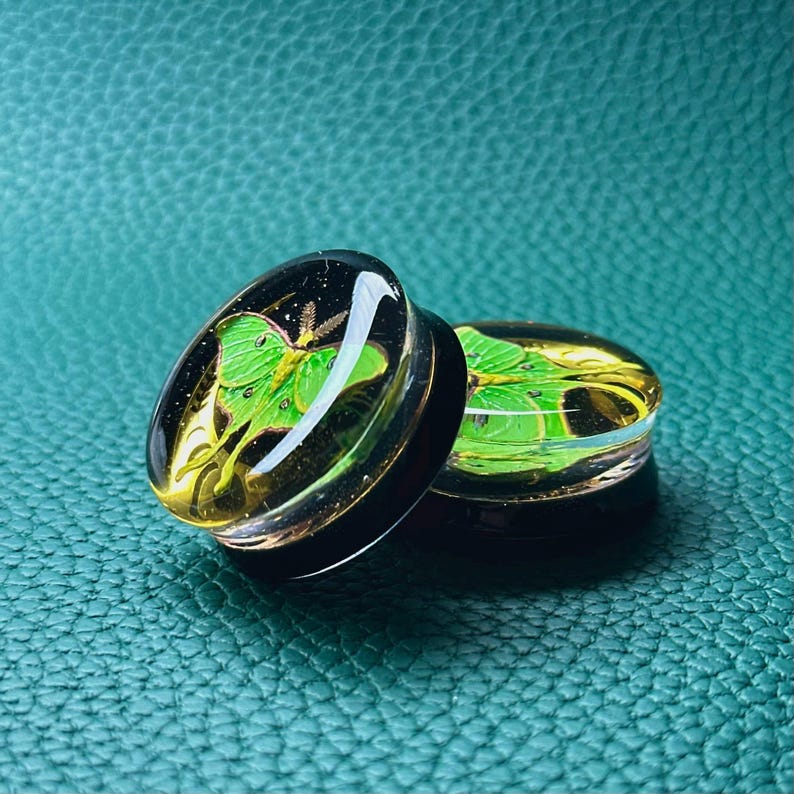 Lunar Moth Resin Plugs, Gold Moon Phase Gauges, Handpainted - Etsy