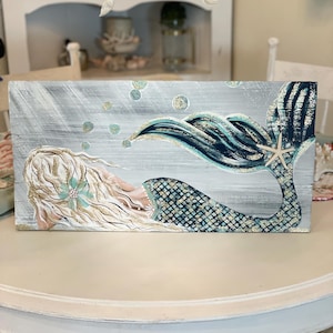 Horizontal Mermaid Original Painting on Wood in Navy’s and Aqua - Etsy