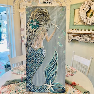 Mermaid Original Painting on Wood in Navy and Aqua. - Etsy