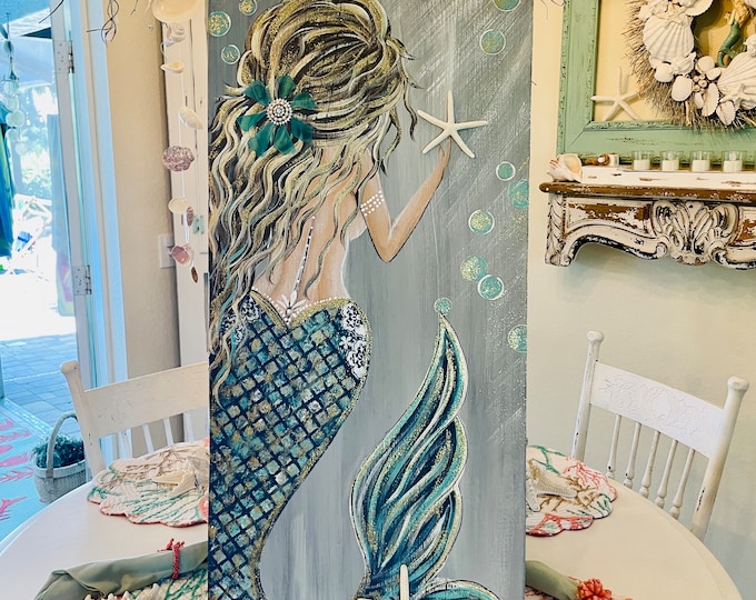 Mermaid Original Painting on Wood in Navy and Aqua. - Etsy