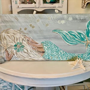 Original Horizontal, Mermaid Painting With Blonde Hair Aqua Tail - Etsy
