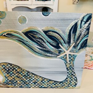 Horizontal Mermaid Original Painting on Wood in Navy’s and Aqua - Etsy