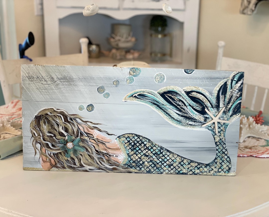 Horizontal Mermaid Original Painting on Wood in Navy and Aqua - Etsy