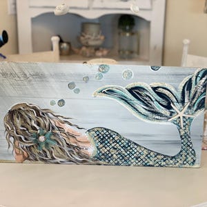 Horizontal Mermaid Original Painting on Wood in Navy and Aqua - Etsy