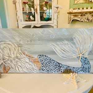 Original Horizontal Mermaid Painting in Ivory and Charcoal With Blonde ...