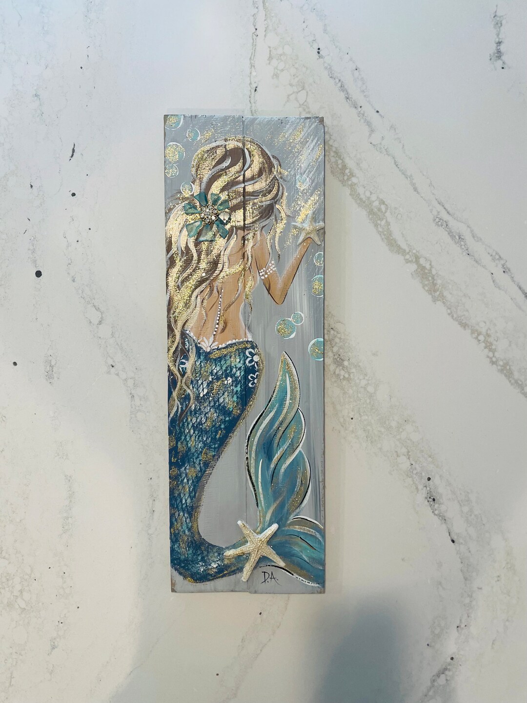 Mermaid Original Painting on Wood in Navys and Aqua - Etsy