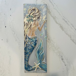 Mermaid Original Painting on Wood in Navys and Aqua - Etsy
