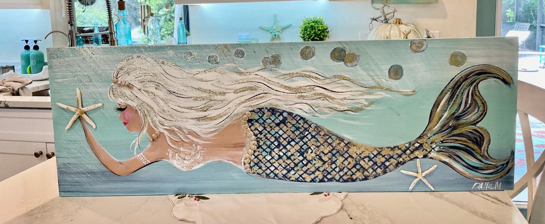 Original Horizontal, Mermaid Painting With Blonde Hair Aqua Tail - Etsy