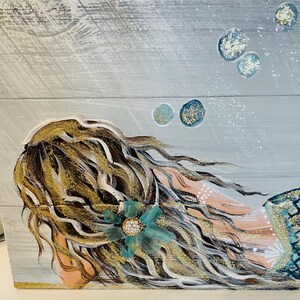 Horizontal Mermaid Original Painting on Wood in Navy and Aqua - Etsy