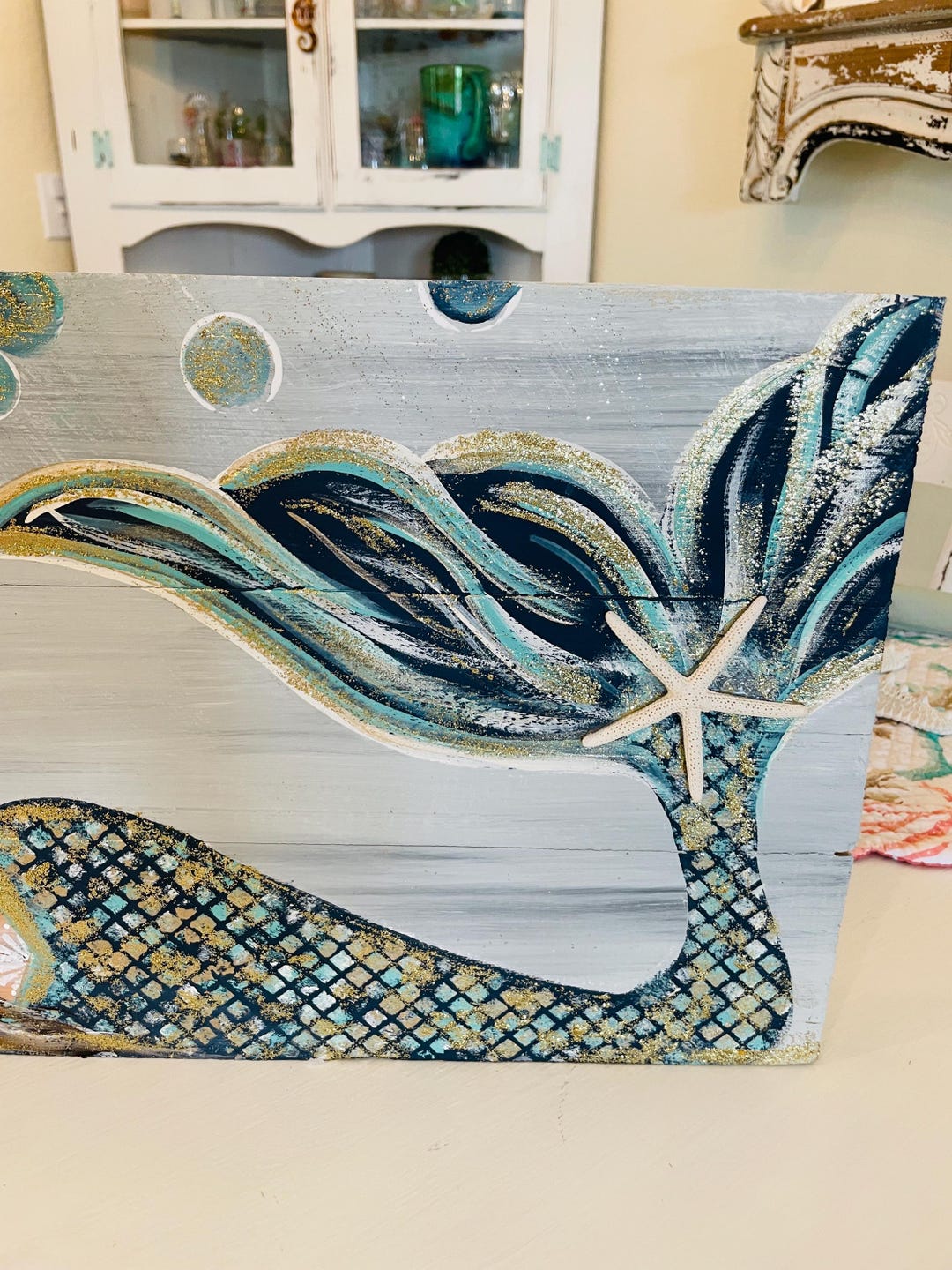 Horizontal Mermaid Original Painting on Wood in Navy and Aqua - Etsy
