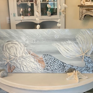 Original Horizontal Mermaid Painting in Ivory and Charcoal With Blonde ...