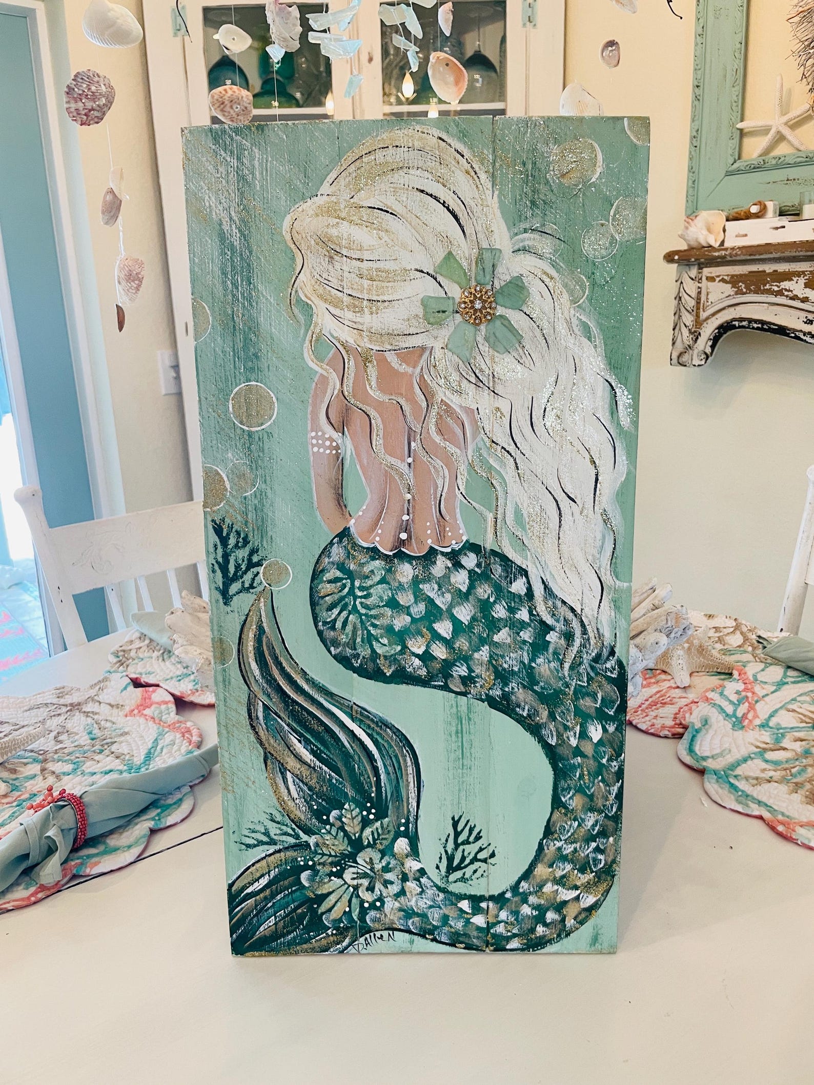 Dark and Light Green Mermaid on Wood - Etsy